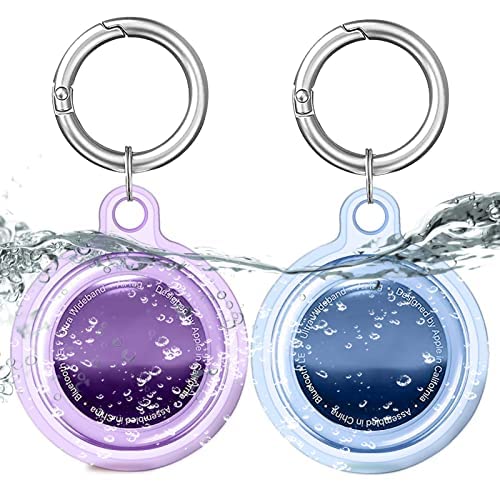 Airtag Keychain Waterproof,Air Tag Holder Case Compatible with Apple AirTag Case for Dog Cat Collar Tracker Key Ring Locator Protective Cover (GI-Blue/Purple-2PC)