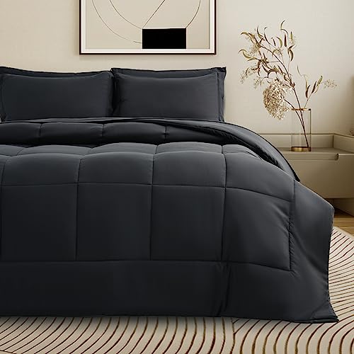 KELTARO King Size Comforter Set with 7 Pieces Bed in a Bag - All Season Bedding Sets with Soft Quilted Warm Fluffy Comforter, Flat Sheet, Fitted Sheet,2 Pillow Shams and 2 Pillowcases,Dark Grey