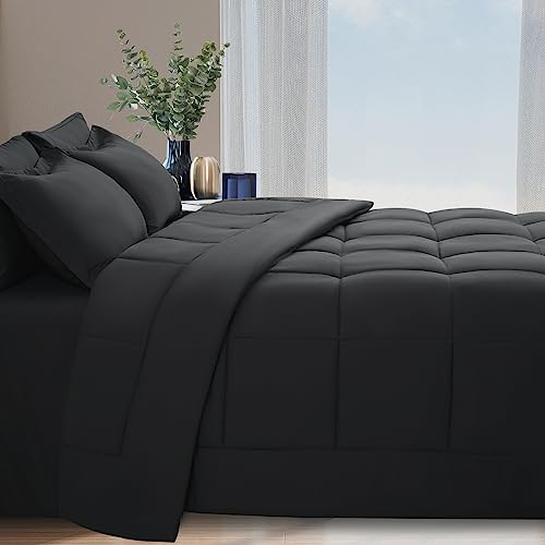 KELTARO King Size Comforter Set with 7 Pieces Bed in a Bag - All Season Bedding Sets with Soft Quilted Warm Fluffy Comforter, Flat Sheet, Fitted Sheet,2 Pillow Shams and 2 Pillowcases,Dark Grey