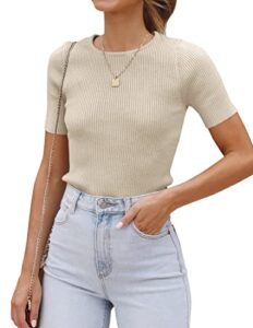 zesica women's short sleeve crewneck ribbed knit slim fit t shirt 2023 summer casual solid color tee tops,almond,small