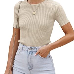 ZESICA Women's Short Sleeve Crewneck Ribbed Knit Slim Fit T Shirt 2023 Summer Casual Solid Color Tee Tops,Almond,Small