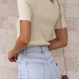 ZESICA Women's Short Sleeve Crewneck Ribbed Knit Slim Fit T Shirt 2023 Summer Casual Solid Color Tee Tops,Almond,Small