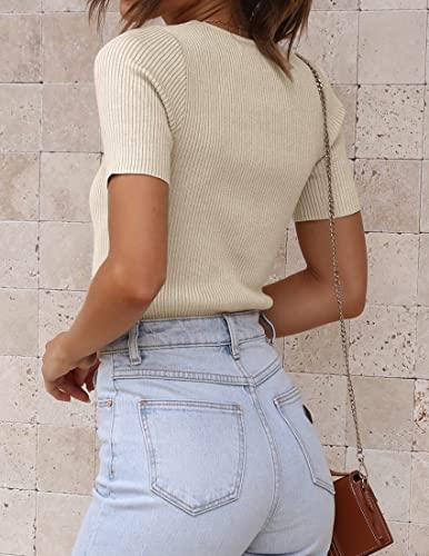 ZESICA Women's Short Sleeve Crewneck Ribbed Knit Slim Fit T Shirt 2023 Summer Casual Solid Color Tee Tops,Almond,Small