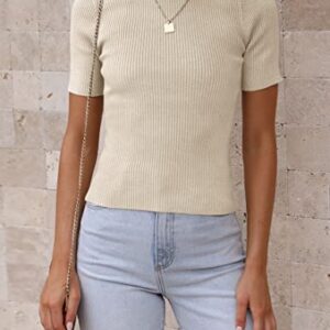 ZESICA Women's Short Sleeve Crewneck Ribbed Knit Slim Fit T Shirt 2023 Summer Casual Solid Color Tee Tops,Almond,Small