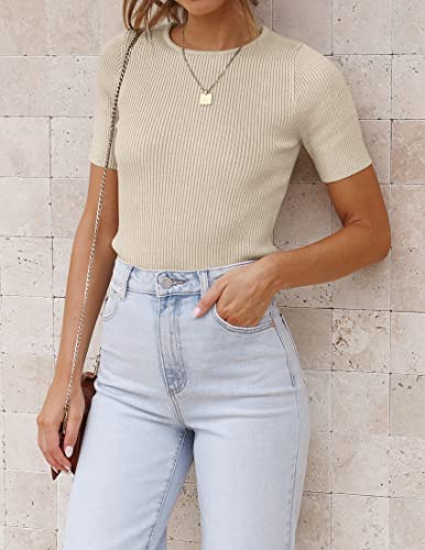 ZESICA Women's Short Sleeve Crewneck Ribbed Knit Slim Fit T Shirt 2023 Summer Casual Solid Color Tee Tops,Almond,Small