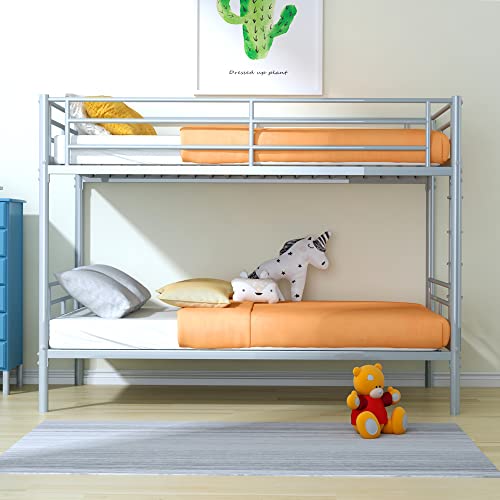 LifeSky Twin-Over-Twin Metal Bunk Bed - Heavy Duty Bunk Bed Frame - Bunk Beds with Ladder and Guardrail for Bedroom Girls Silver