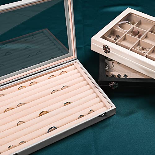 Frebeauty Large PU Jewelry Box Bundle:A Multi-functional Jewelry Box(Black) and 10 Slots Large PU Tray with Clear Lid of Rings Earrings Necklace Bracelets for Women Girls