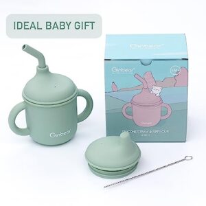 Ginbear 2-in-1 Sip-N-Straw Cup for Baby, Spill Proof Toddler Transition Sippy Cup with Straw, Silicone Baby Cup with Handles, Tiny Training Cups 6 Months+ (Hazy Green)