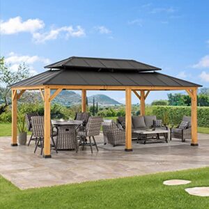 sunjoy 12 x 20 ft. wood gazebo, outdoor patio steel hardtop gazebo, cedar framed wooden gazebo with 2-tier metal roof, suitable for patios, lawn and backyard, dark brown roof + natural wood frame