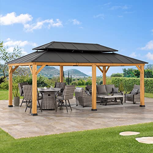 Sunjoy 12 x 20 ft. Wood Gazebo, Outdoor Patio Steel Hardtop Gazebo, Cedar Framed Wooden Gazebo with 2-Tier Metal Roof, Suitable for Patios, Lawn and Backyard, Dark Brown Roof + Natural Wood Frame