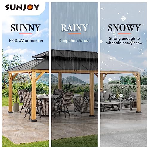 Sunjoy 12 x 20 ft. Wood Gazebo, Outdoor Patio Steel Hardtop Gazebo, Cedar Framed Wooden Gazebo with 2-Tier Metal Roof, Suitable for Patios, Lawn and Backyard, Dark Brown Roof + Natural Wood Frame