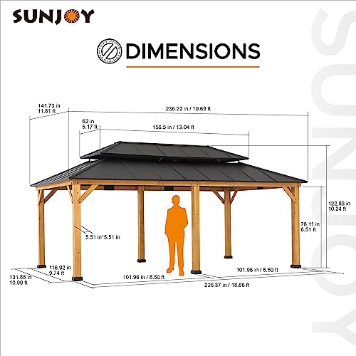 Sunjoy 12 x 20 ft. Wood Gazebo, Outdoor Patio Steel Hardtop Gazebo, Cedar Framed Wooden Gazebo with 2-Tier Metal Roof, Suitable for Patios, Lawn and Backyard, Dark Brown Roof + Natural Wood Frame