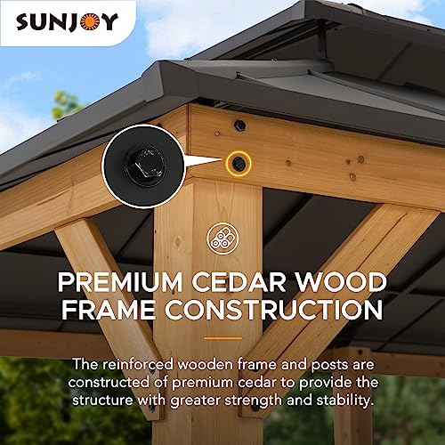 Sunjoy 12 x 20 ft. Wood Gazebo, Outdoor Patio Steel Hardtop Gazebo, Cedar Framed Wooden Gazebo with 2-Tier Metal Roof, Suitable for Patios, Lawn and Backyard, Dark Brown Roof + Natural Wood Frame