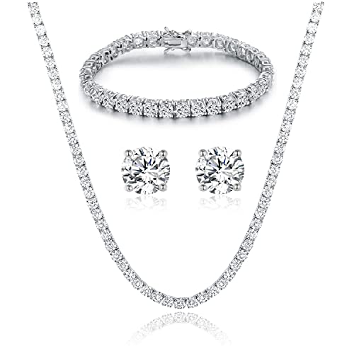 Gemsme 18K White Gold Plated Tennis Necklace/Bracelet/Earrings Sets Pack of 3 (3.0mm with 7In bracelet&18In necklace)