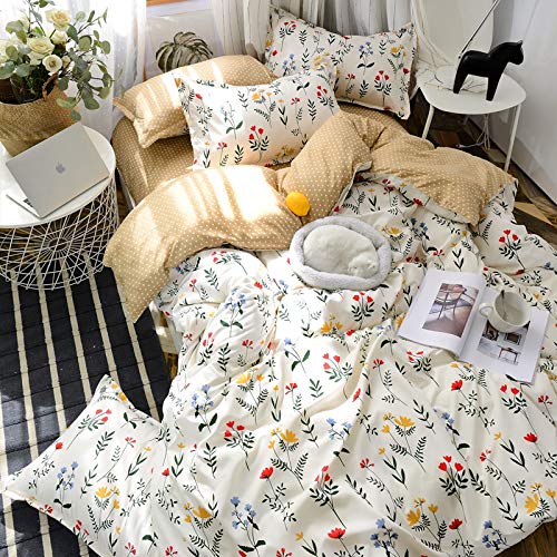 DECOVOGUE Red Yellow Floral Pattern Duvet Cover Set, Green Leaves Printed Decor Microfiber Soft for Kids Girls Boys Girls Man Women, Nature Botanical Comforter Sheets and Pillow Cases (Twin)