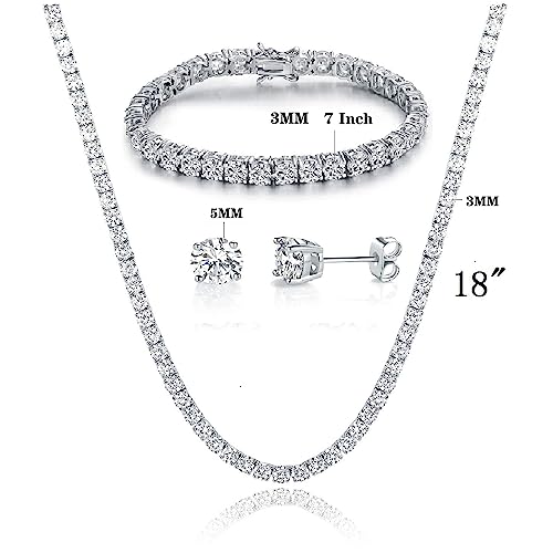 Gemsme 18K White Gold Plated Tennis Necklace/Bracelet/Earrings Sets Pack of 3 (3.0mm with 7In bracelet&18In necklace)