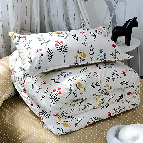 DECOVOGUE Red Yellow Floral Pattern Duvet Cover Set, Green Leaves Printed Decor Microfiber Soft for Kids Girls Boys Girls Man Women, Nature Botanical Comforter Sheets and Pillow Cases (Twin)