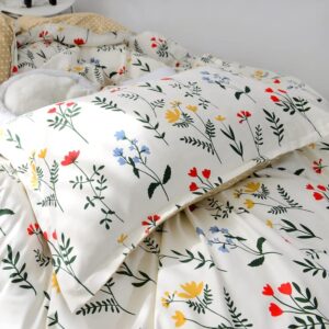 DECOVOGUE Red Yellow Floral Pattern Duvet Cover Set, Green Leaves Printed Decor Microfiber Soft for Kids Girls Boys Girls Man Women, Nature Botanical Comforter Sheets and Pillow Cases (Twin)