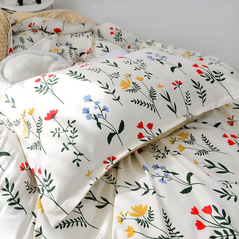 DECOVOGUE Red Yellow Floral Pattern Duvet Cover Set, Green Leaves Printed Decor Microfiber Soft for Kids Girls Boys Girls Man Women, Nature Botanical Comforter Sheets and Pillow Cases (Twin)