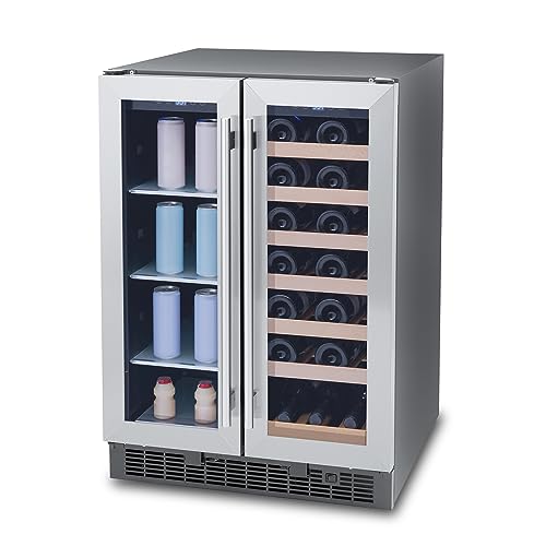 BHTOP Wine Fridge, 24" Beverage Refrigerator, Dual Zone Beverage Fridge Cooler, Holds 27 Bottles and 60 Cans, Stainless Steel French Door Digital Temperature Control, Key Lock Quiet Operation