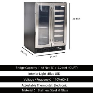 BHTOP Wine Fridge, 24" Beverage Refrigerator, Dual Zone Beverage Fridge Cooler, Holds 27 Bottles and 60 Cans, Stainless Steel French Door Digital Temperature Control, Key Lock Quiet Operation