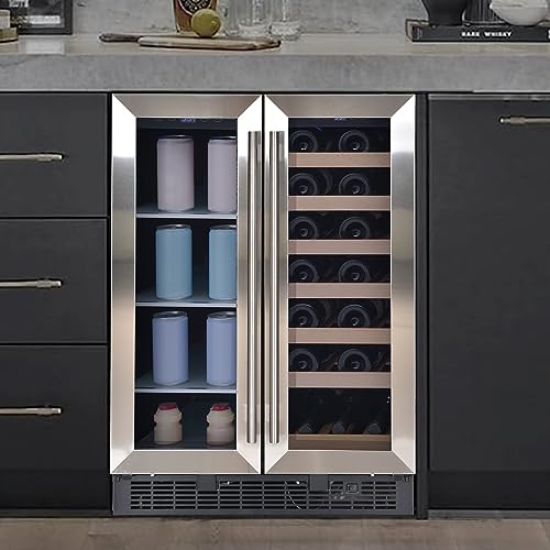 BHTOP Wine Fridge, 24" Beverage Refrigerator, Dual Zone Beverage Fridge Cooler, Holds 27 Bottles and 60 Cans, Stainless Steel French Door Digital Temperature Control, Key Lock Quiet Operation