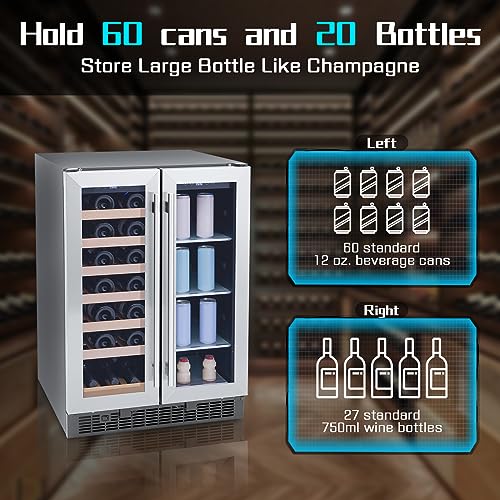 BHTOP Wine Fridge, 24" Beverage Refrigerator, Dual Zone Beverage Fridge Cooler, Holds 27 Bottles and 60 Cans, Stainless Steel French Door Digital Temperature Control, Key Lock Quiet Operation