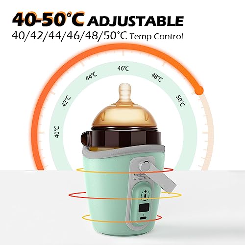 Portable Bottle Warmer for Travel - 40-50℃ Wide Bottle - Mini Baby Bottle Heater for Breastmilk Powder Milk Water, Fast Night Feeding Milk Warmer for Newborn, Green, 6 Gears for 40/42/44/46/48/50℃