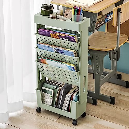 APBATS 5 Tier Removable Movable Bookshelf, Mobile Unique Bookcase, Utility Organizer Green Bookshelves with Wheels for Kids Children Students Study in Bedroom Living Room Home School