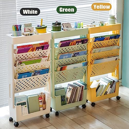 APBATS 5 Tier Removable Movable Bookshelf, Mobile Unique Bookcase, Utility Organizer Green Bookshelves with Wheels for Kids Children Students Study in Bedroom Living Room Home School