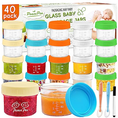 PeacePeo Glass Baby Food Storage Containers 4OZ, 40Pcs Glass Baby Food Jars Leak-Proof Baby Food Containers with Lids Reusable Baby Food Storage Jars Dishwasher Safe for Infant & Baby Food