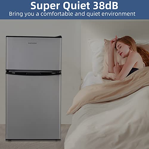 BANGSON Mini Fridge with Freezer, 3.2 Cu.Ft Compact Refrigerator, 5 Settings Temperature Adjustable, Low Noise Refrigerator, 2 Door Mini Fridge for Apartment, Home, Office and Dorm, Silver