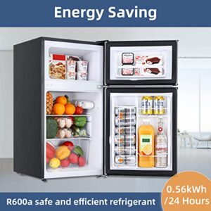 BANGSON Mini Fridge with Freezer, 3.2 Cu.Ft Compact Refrigerator, 5 Settings Temperature Adjustable, Low Noise Refrigerator, 2 Door Mini Fridge for Apartment, Home, Office and Dorm, Silver