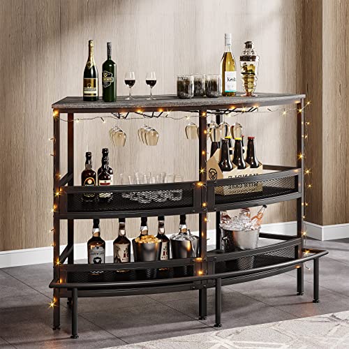 Tribesigns Home Bar Table Unit, 3 Tier Bar Counter with Storage Shelves and Stemware Holder, Liquor Small Mini Bar with Footrest for Home Pub, Black Rustic Gray