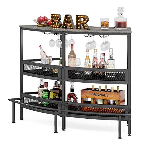 Tribesigns Home Bar Table Unit, 3 Tier Bar Counter with Storage Shelves and Stemware Holder, Liquor Small Mini Bar with Footrest for Home Pub, Black Rustic Gray