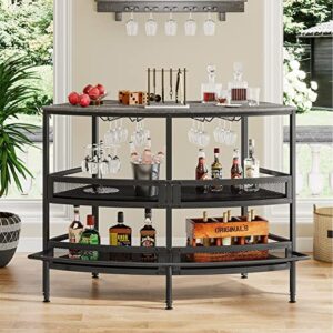 Tribesigns Home Bar Table Unit, 3 Tier Bar Counter with Storage Shelves and Stemware Holder, Liquor Small Mini Bar with Footrest for Home Pub, Black Rustic Gray