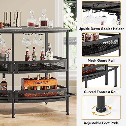 Tribesigns Home Bar Table Unit, 3 Tier Bar Counter with Storage Shelves and Stemware Holder, Liquor Small Mini Bar with Footrest for Home Pub, Black Rustic Gray