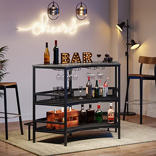 Tribesigns Home Bar Table Unit, 3 Tier Bar Counter with Storage Shelves and Stemware Holder, Liquor Small Mini Bar with Footrest for Home Pub, Black Rustic Gray