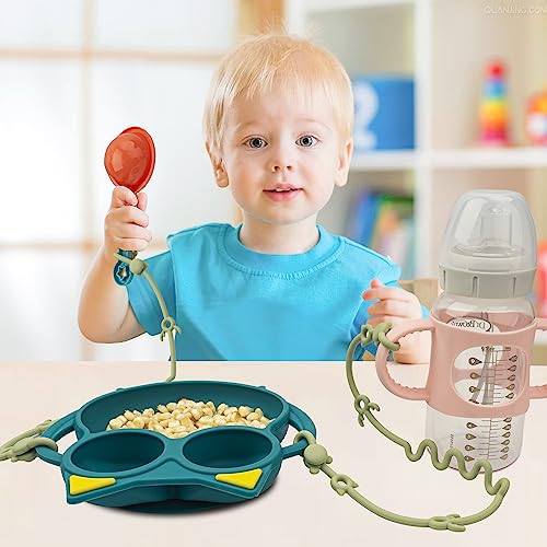 Silicone Suction Plate with 2 Adjustable Straps, Non-slip Divided Kids Plate Set for Baby Toddlers, Dishwasher Safe (Owl, Green)