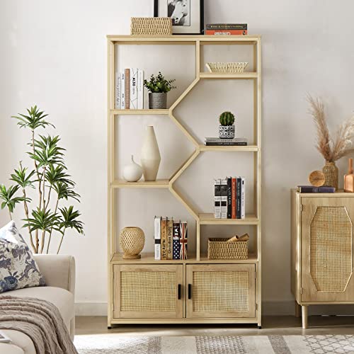 Bohemian Style Rattan Bookshelf, 5-Tier Open Display Shelves with Storage Cabinet, Eco-Friendly Particleboard Bookcase, Versatile Storage Rack for Living Room, Home Office, Natural Tones