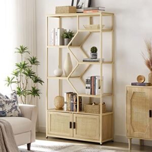 Bohemian Style Rattan Bookshelf, 5-Tier Open Display Shelves with Storage Cabinet, Eco-Friendly Particleboard Bookcase, Versatile Storage Rack for Living Room, Home Office, Natural Tones