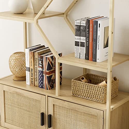 Bohemian Style Rattan Bookshelf, 5-Tier Open Display Shelves with Storage Cabinet, Eco-Friendly Particleboard Bookcase, Versatile Storage Rack for Living Room, Home Office, Natural Tones