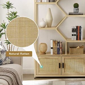 Bohemian Style Rattan Bookshelf, 5-Tier Open Display Shelves with Storage Cabinet, Eco-Friendly Particleboard Bookcase, Versatile Storage Rack for Living Room, Home Office, Natural Tones