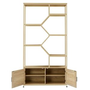 Bohemian Style Rattan Bookshelf, 5-Tier Open Display Shelves with Storage Cabinet, Eco-Friendly Particleboard Bookcase, Versatile Storage Rack for Living Room, Home Office, Natural Tones