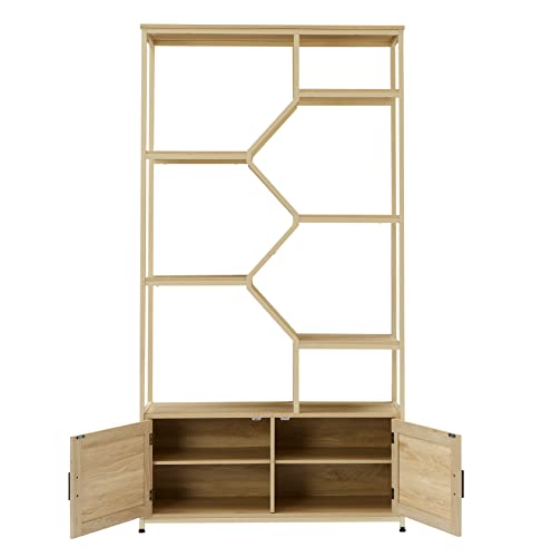 Bohemian Style Rattan Bookshelf, 5-Tier Open Display Shelves with Storage Cabinet, Eco-Friendly Particleboard Bookcase, Versatile Storage Rack for Living Room, Home Office, Natural Tones