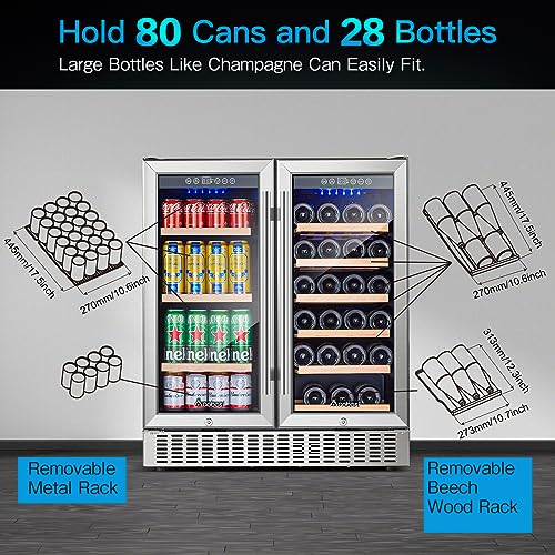 AAOBOSI Wine and Beverage Refrigerator,30 Inch Dual Zone Wine Cooler Built-in or Freestanding-Hold 28 Bottles and 80 Cans Wine Beverage Fridge with Soft LED Light,2 Safety Locks,Stainless Steel