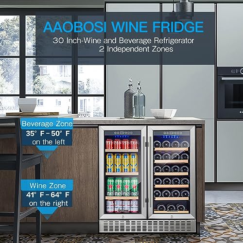 AAOBOSI Wine and Beverage Refrigerator,30 Inch Dual Zone Wine Cooler Built-in or Freestanding-Hold 28 Bottles and 80 Cans Wine Beverage Fridge with Soft LED Light,2 Safety Locks,Stainless Steel