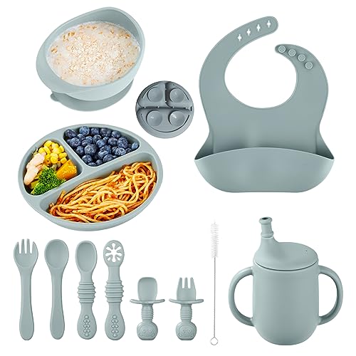 Silicone Baby Feeding Set, FOTEEMO Led Weaning 11-Piece Feeding Eating Supplies Self Feeding Baby Utensils Eating Suction Bowl For 6+ Months Toddler （Blue）