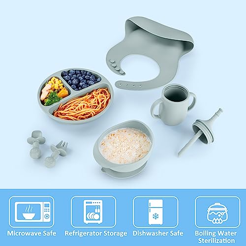 Silicone Baby Feeding Set, FOTEEMO Led Weaning 11-Piece Feeding Eating Supplies Self Feeding Baby Utensils Eating Suction Bowl For 6+ Months Toddler （Blue）