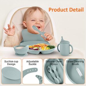 Silicone Baby Feeding Set, FOTEEMO Led Weaning 11-Piece Feeding Eating Supplies Self Feeding Baby Utensils Eating Suction Bowl For 6+ Months Toddler （Blue）